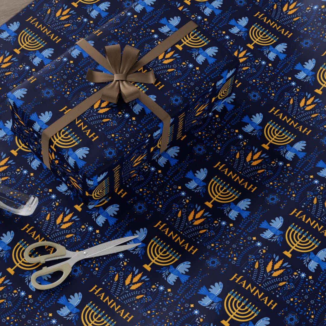 Personalized Hanukkah Gift Wrap, Festive Blue and Gold Menorah Wrapping ...