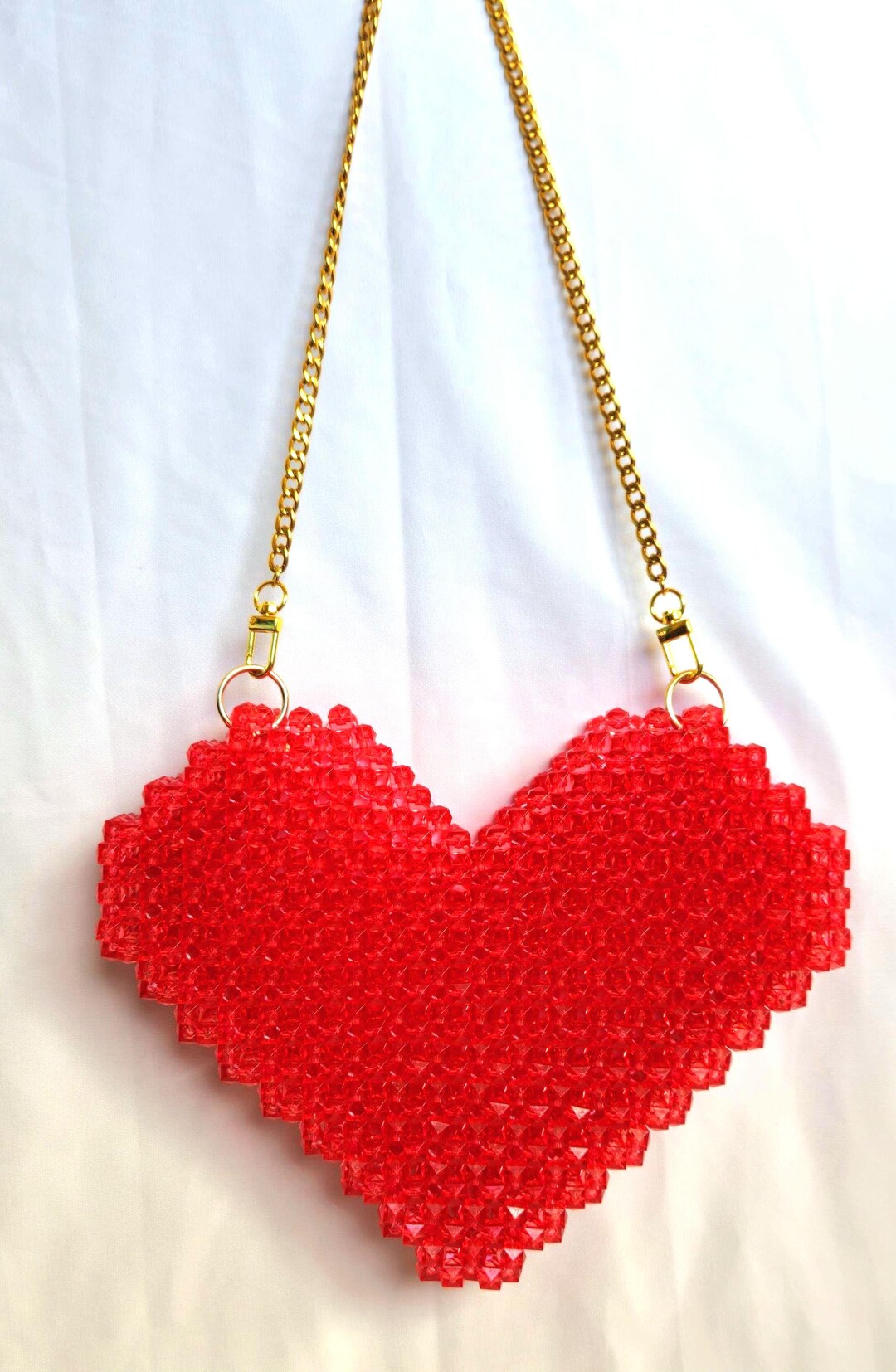 Handmade Acrylic Bead Bag With Chain Strap | Red Heart Shaped Beaded ...