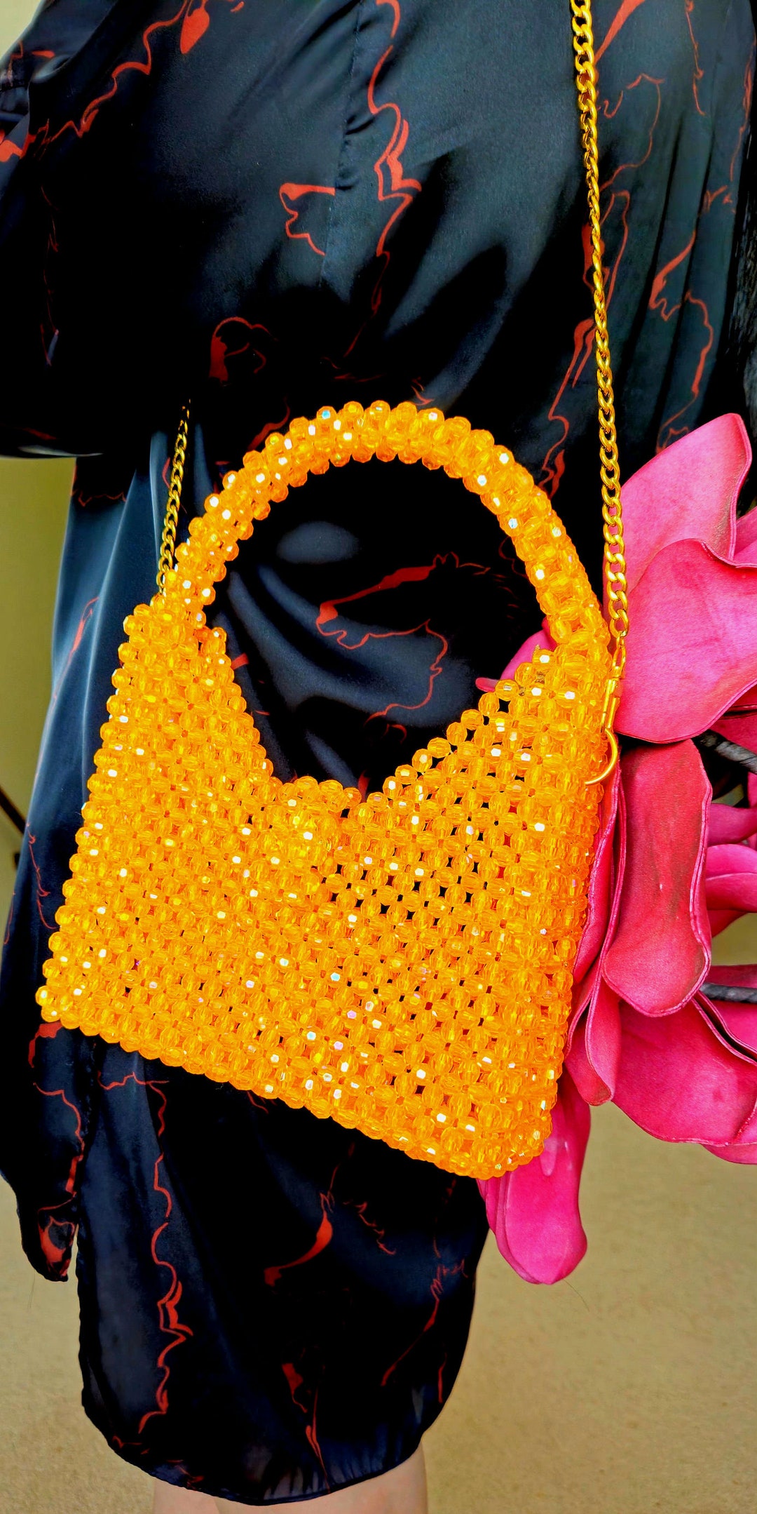 Handmade Beaded Purse, Golden Acrylic Bag With Chain Strap, Orange ...