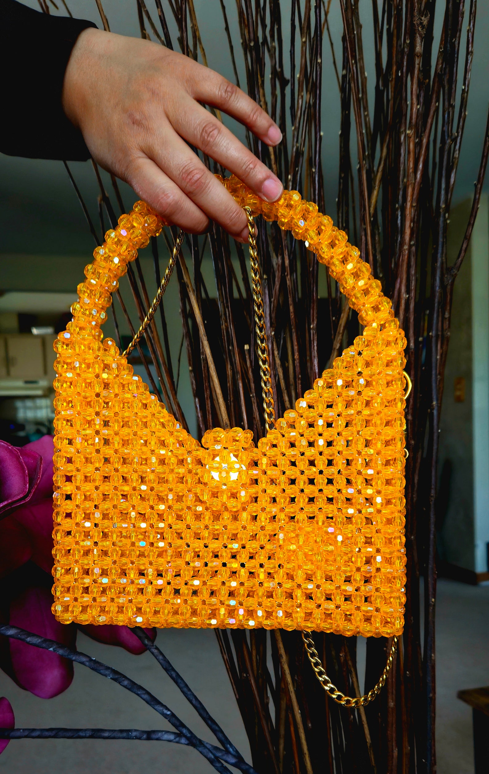 Handmade Beaded Purse, Golden Acrylic Bag With Chain Strap, Orange ...
