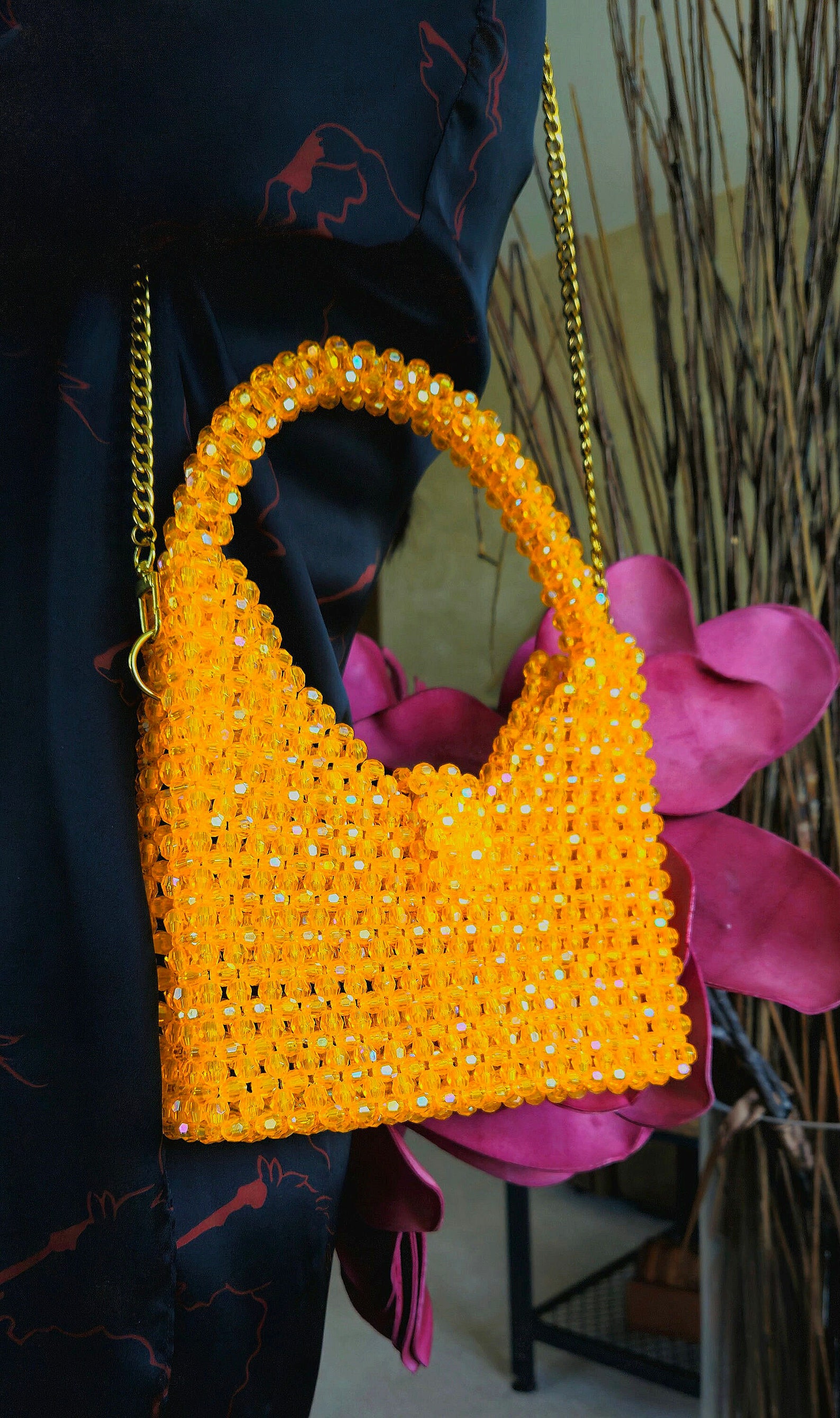 Handmade Beaded Purse, Golden Acrylic Bag With Chain Strap, Orange ...