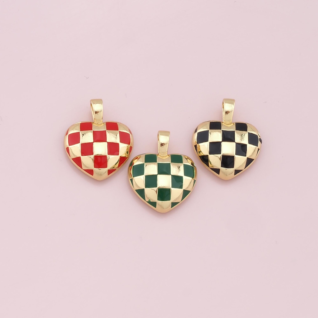 18K Gold Filled Enamel Checkered Pendant,heart Checker Charm Bracelet ...