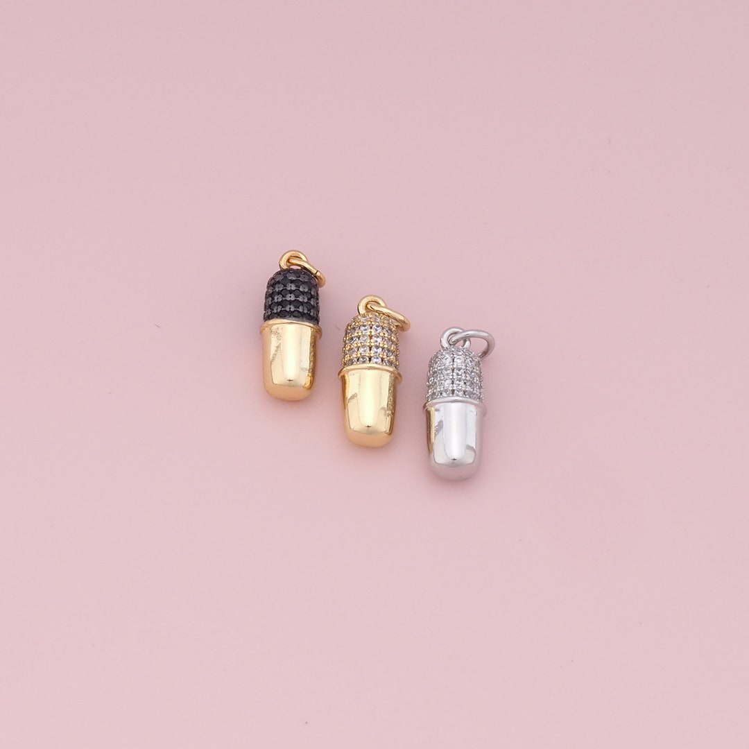18K Gold Filled Tiny Capsule Pendant,cz Micro Pave Pill Charm Bracelet ...