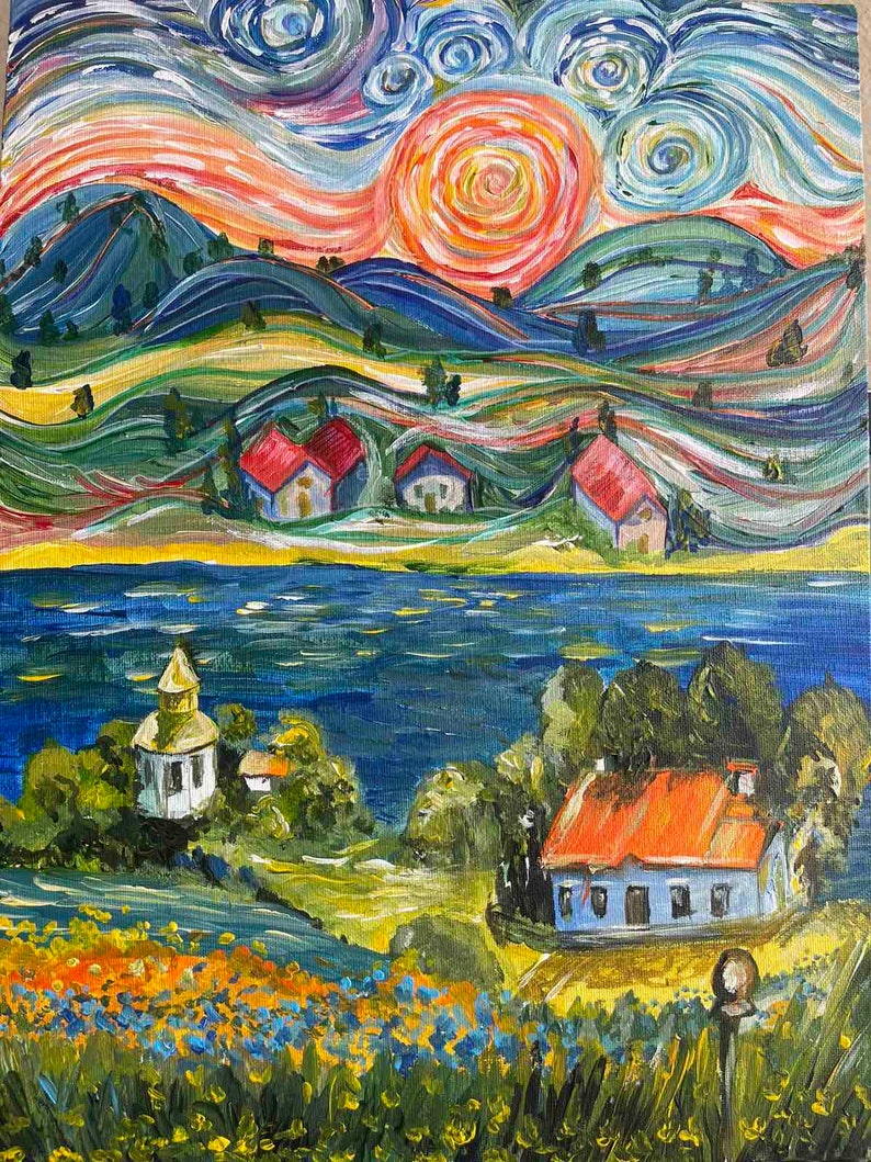 Van Gogh Style Acrylic Painting: Blue and Orange "magic Village" Art ...
