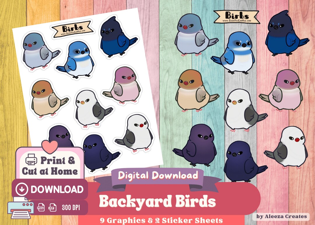 Backyard Birbs Bird Graphics & Printable PNG Sticker Sheet Set, Digital ...