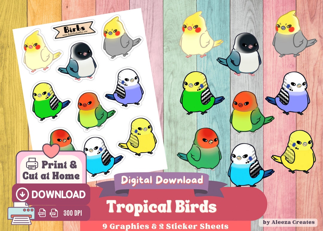 Tropical Birbs Bird Graphics & Printable PNG Sticker Sheet Set, Digital ...