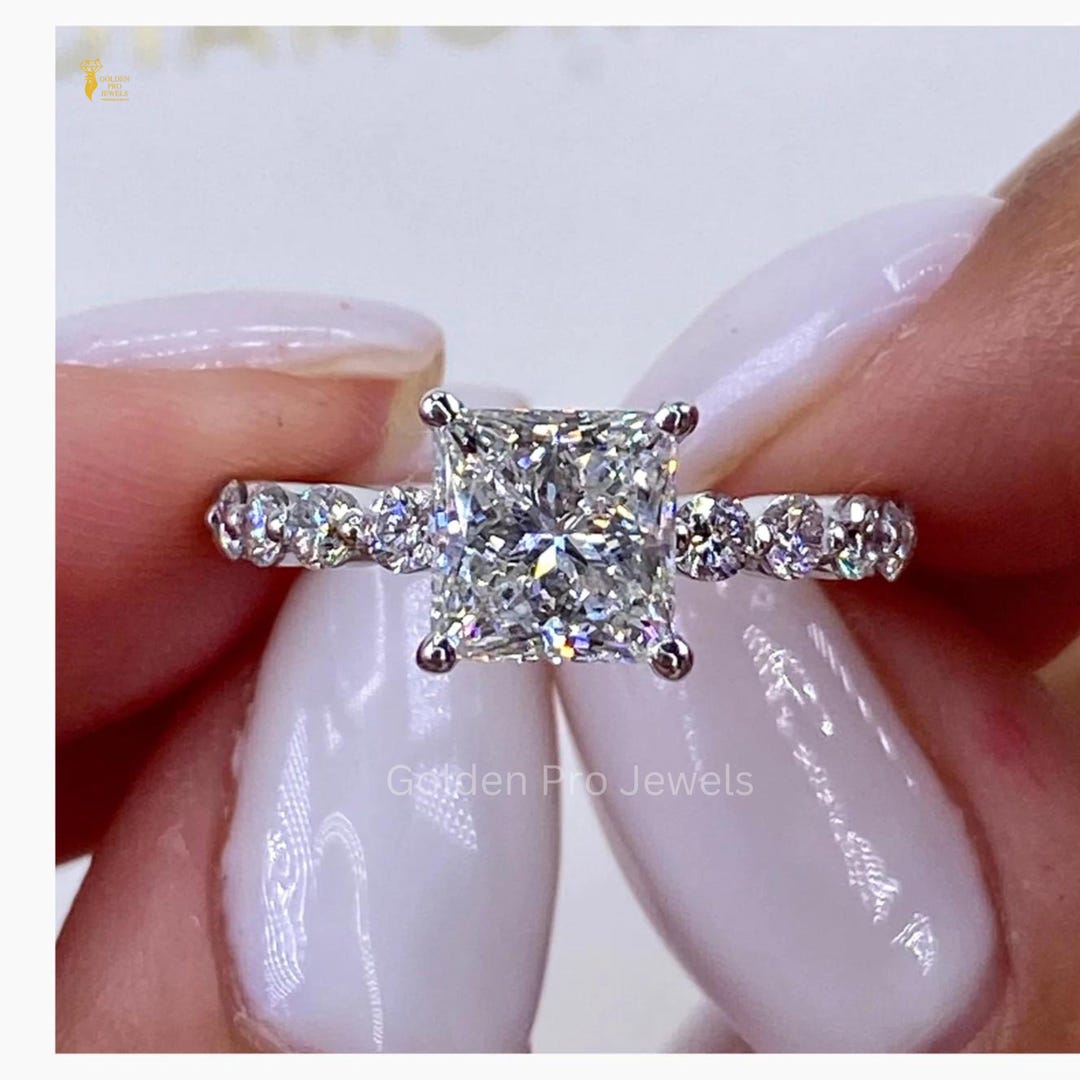 1.50 CT Princess Cut F- VS1 Diamond Engagement Ring With Pave Setting ...
