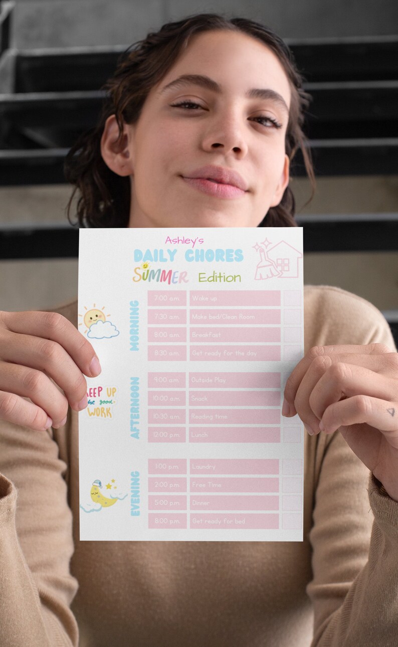 Printable Daily Chore Chart for Children Household Cleaning List Summer ...