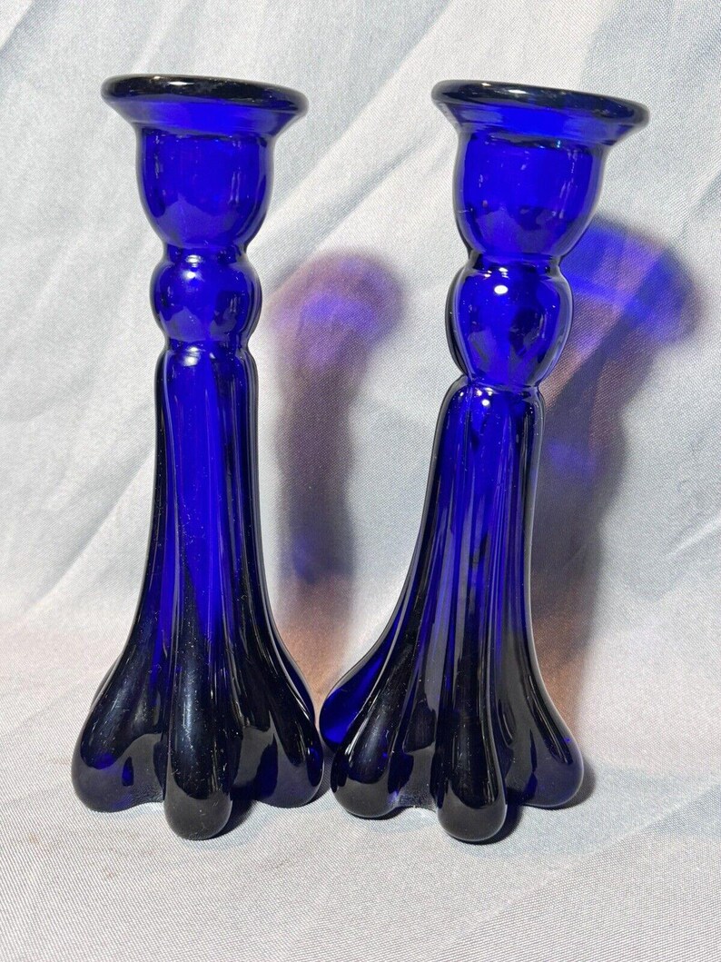 Pair of 2 Vintage 8.5” Cobalt Blue Glass Candle Stick Holders ...