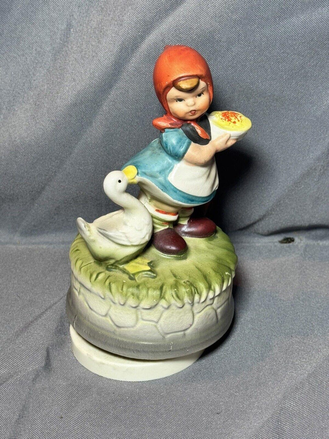 Vintage Girl W/red Hood & Goose Spinning Ceramic Music Box Hummel Style ...