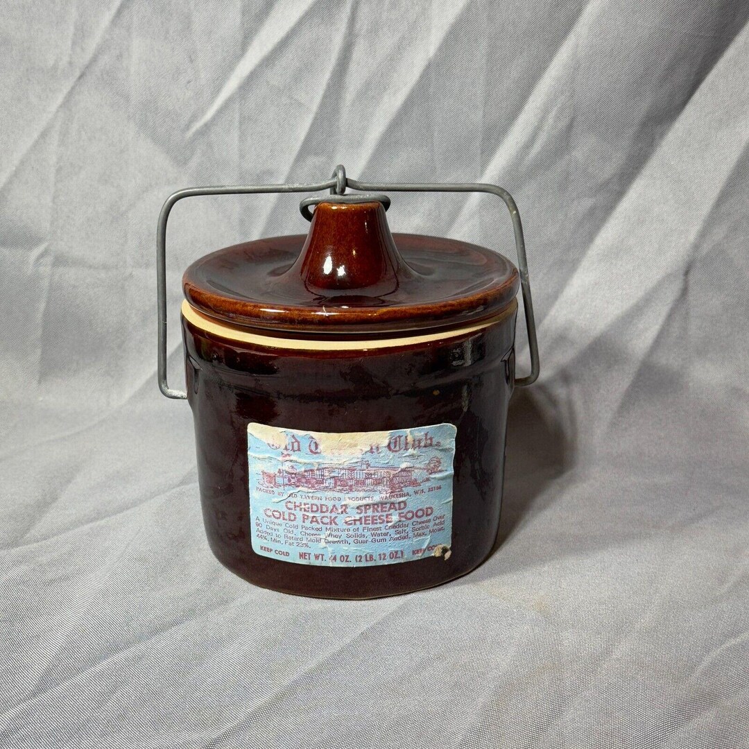 Vintage 6.5" Brown Stoneware Old Tavern Ceramic Cheese Crock Wire Clamp ...