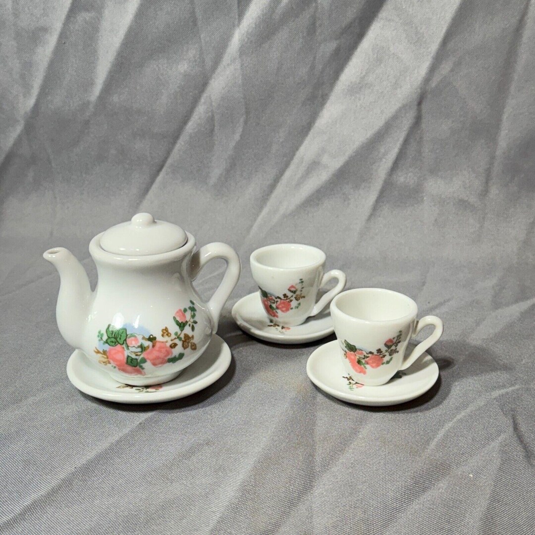 Vintage Mini Porcelain Tea Set W/pot Cups Saucers Pink Rose Detail ...
