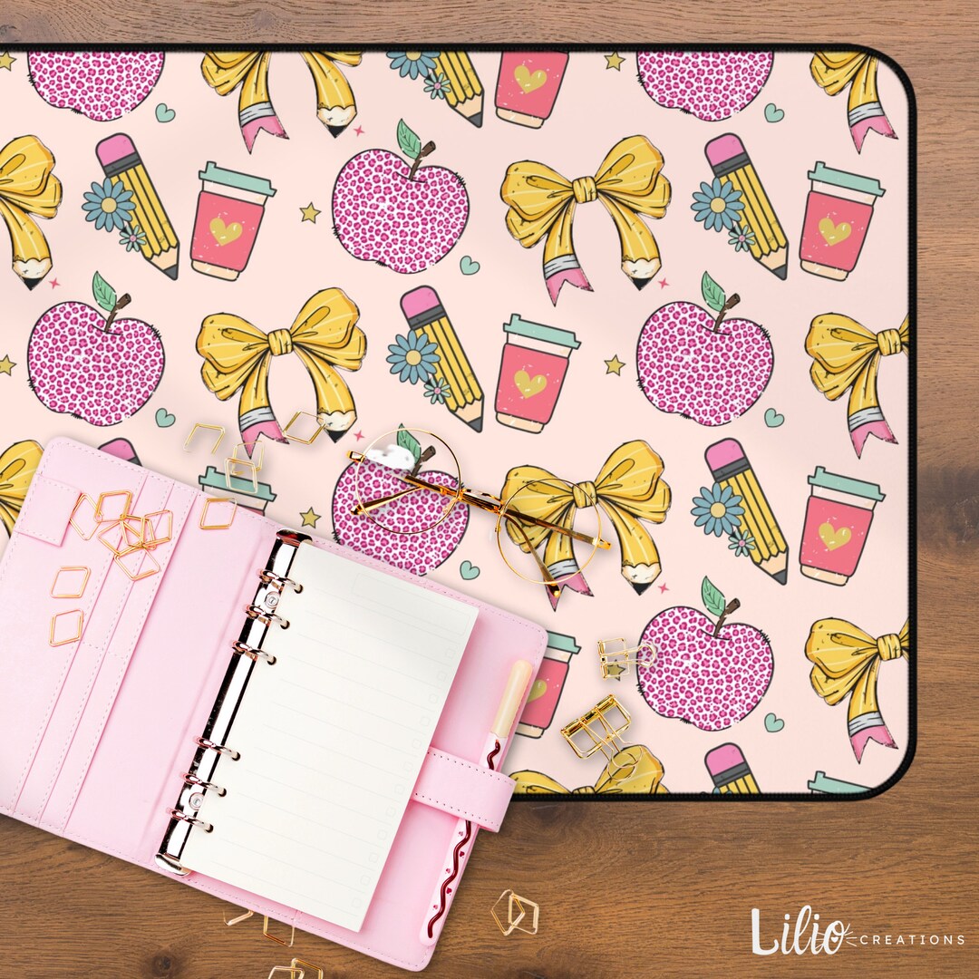 Retro Teacher Desk Mat, Bows Apples Pencils Design, Large Deskpad - Etsy