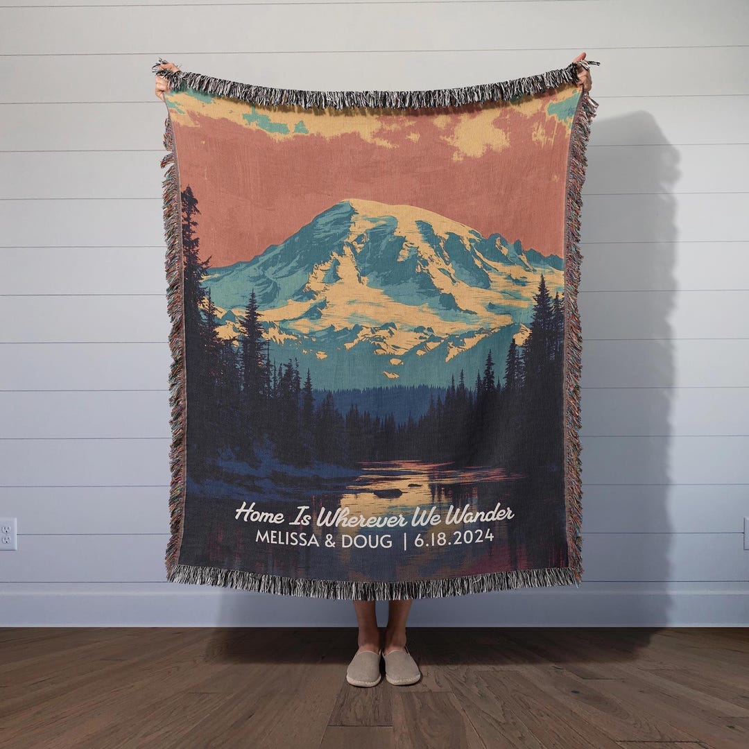 Mount Rainier Woven Blanket Personalized Cotton Mountain Throw for PNW Nature Lovers Wedding ...