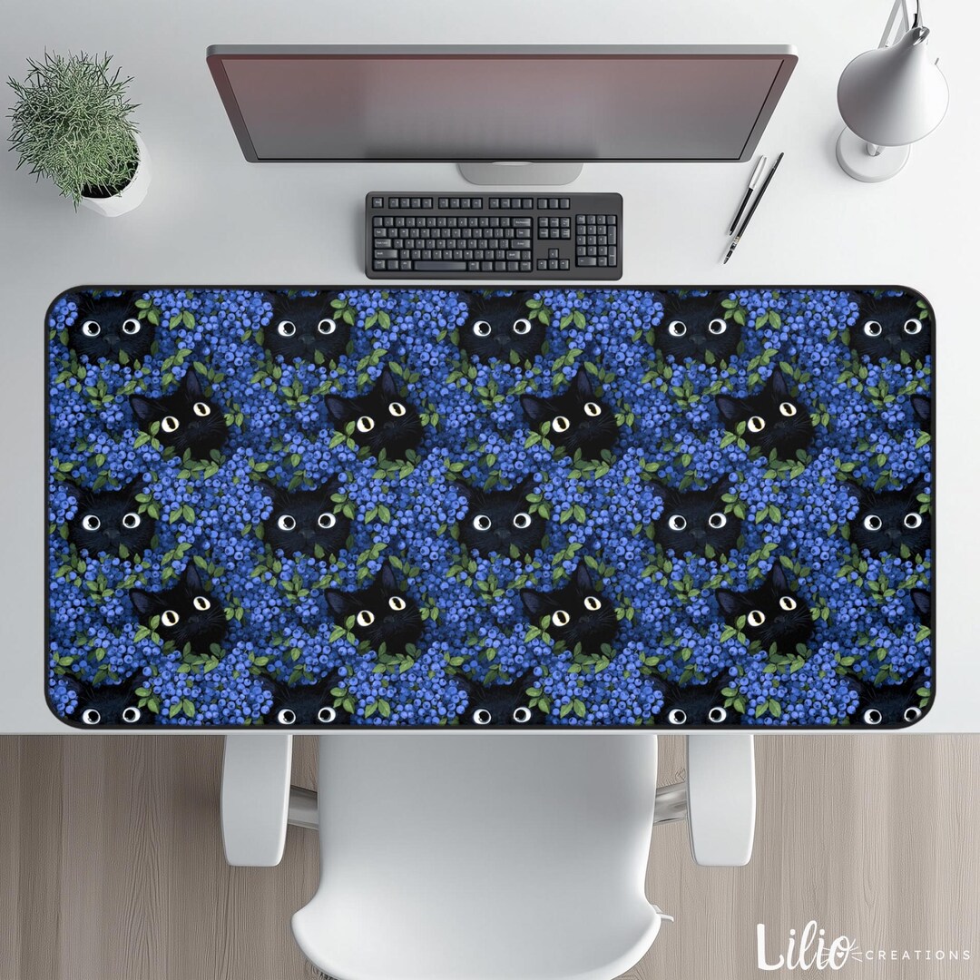 Cute, Kawaii Black Cat Desk Mat With Blueberries, Aesthetic Extended ...