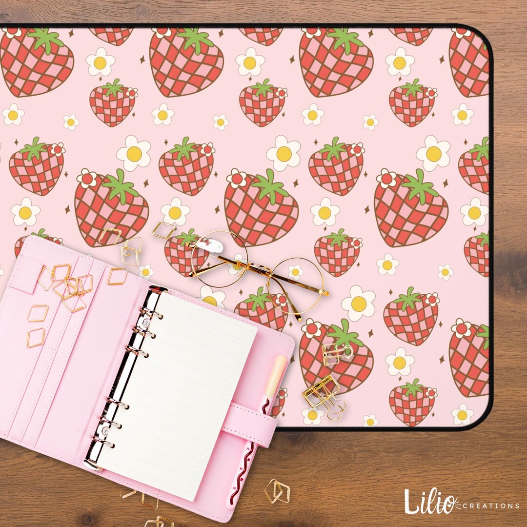 Retro Groovy Strawberries Desk Mat, Cute Fruit Decor, Unique Work Space ...