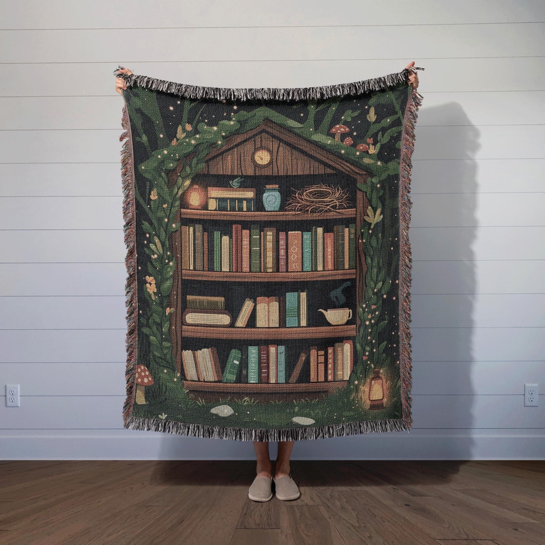 Cottagecore Bookshelf Woven Blanket Tapestry - Cozy Rustic Decor for ...