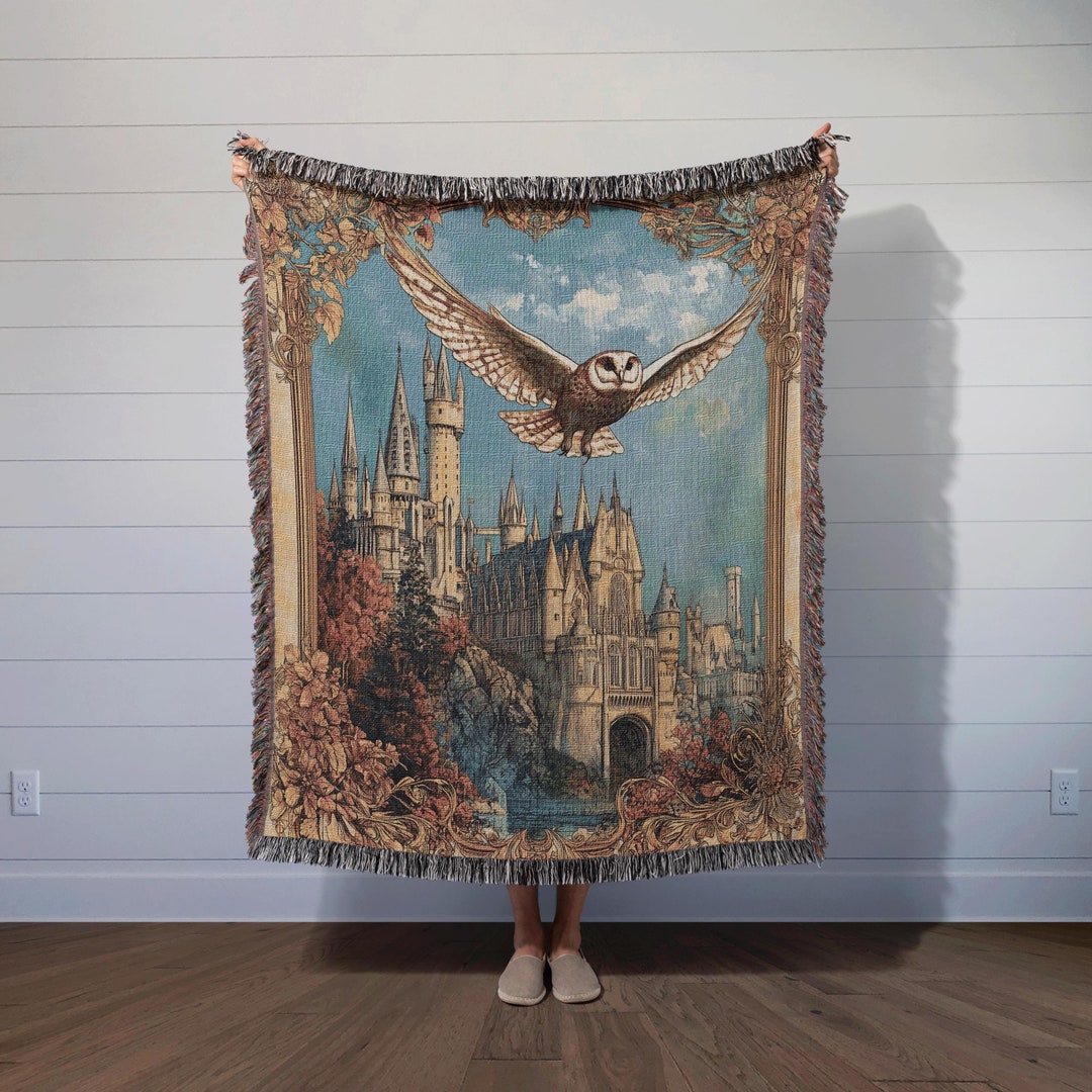 Magical Wizard Castle and Owl Woven Blanket, Cozy Fantasy Throw for ...