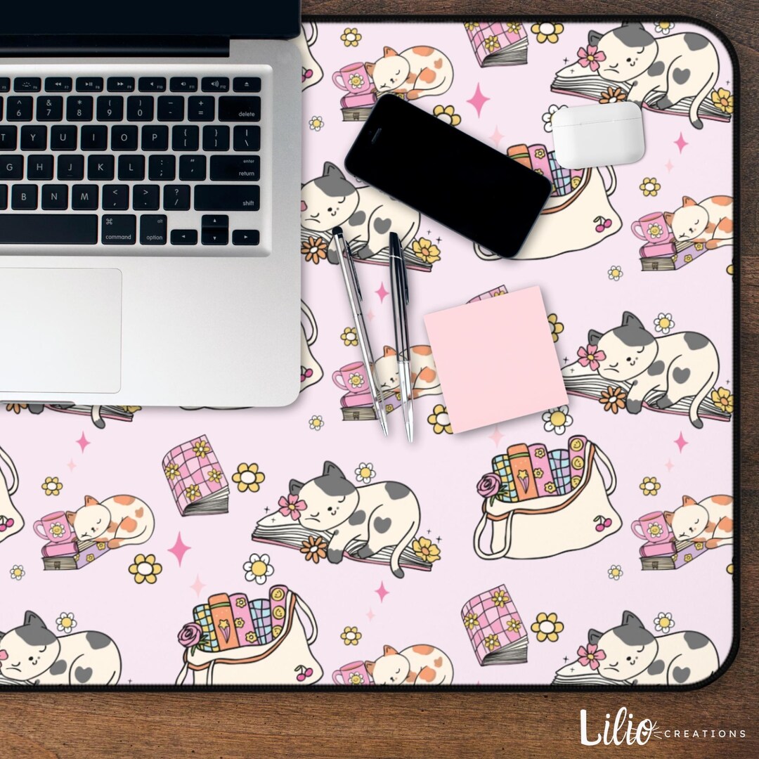Bookish Retro Cat Desk Mat, Cat Lover Mouse Pad, Literary Kitty Work ...