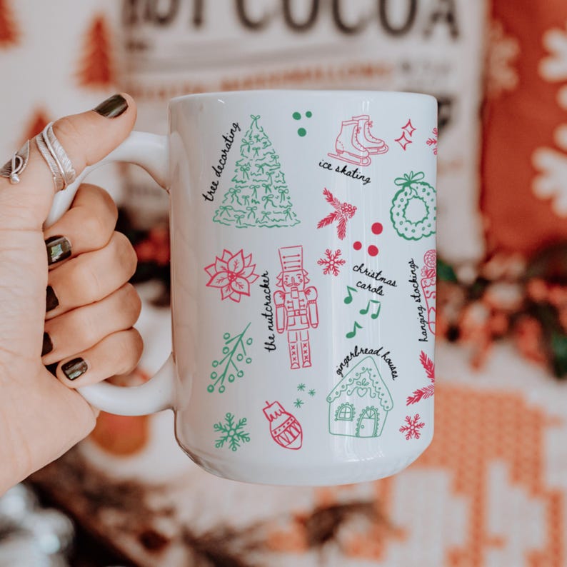 Tis the Season Illustrated Doodle Design, Christmas Mug, Holiday Coffee ...