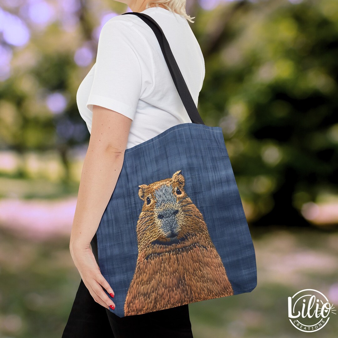 Capybara Tote Bag Denim, Faux Embroidery Unique Design, Casual Purse ...