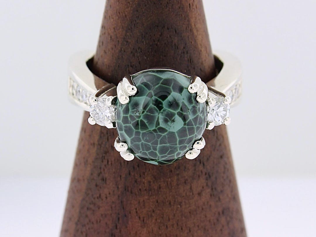 Isle Royale Greenstone With Natural Diamond Ring Set in Sterling Silver ...