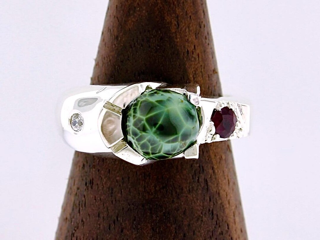 Greenstone Chlorastrolite Ring: Diamond Ruby Sterling Silver, Size 5 1/ ...