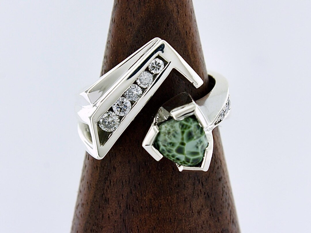 Isle Royale Greenstone Chlorastrolite W/ Natural Diamond Ring Set in ...