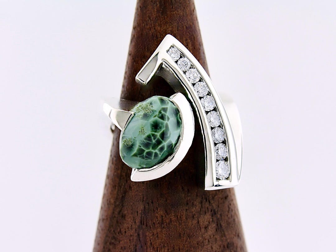 Isle Royale Greenstone Chlorastrolite Diamond Ring Set in Sterling ...