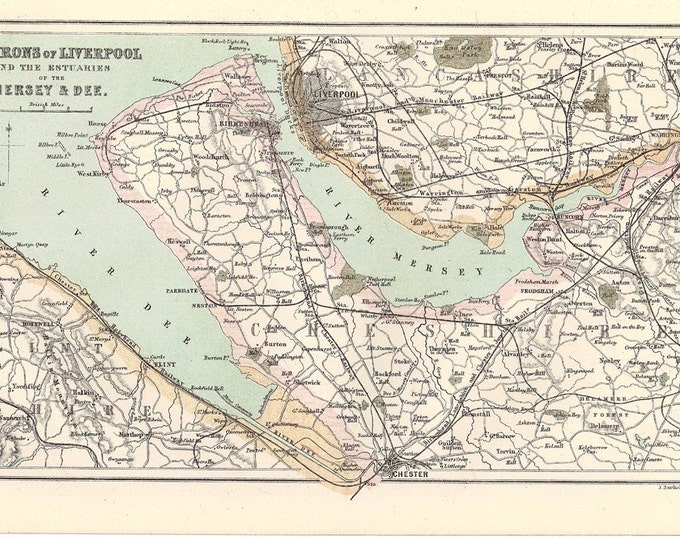 Antique 1886 Map of Liverpool England and the Estuaries of the Mersey ...