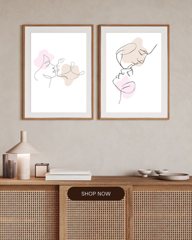 Couple Love Line Drawing Set of 3. Hands, Face, Kiss Print .abstract ...