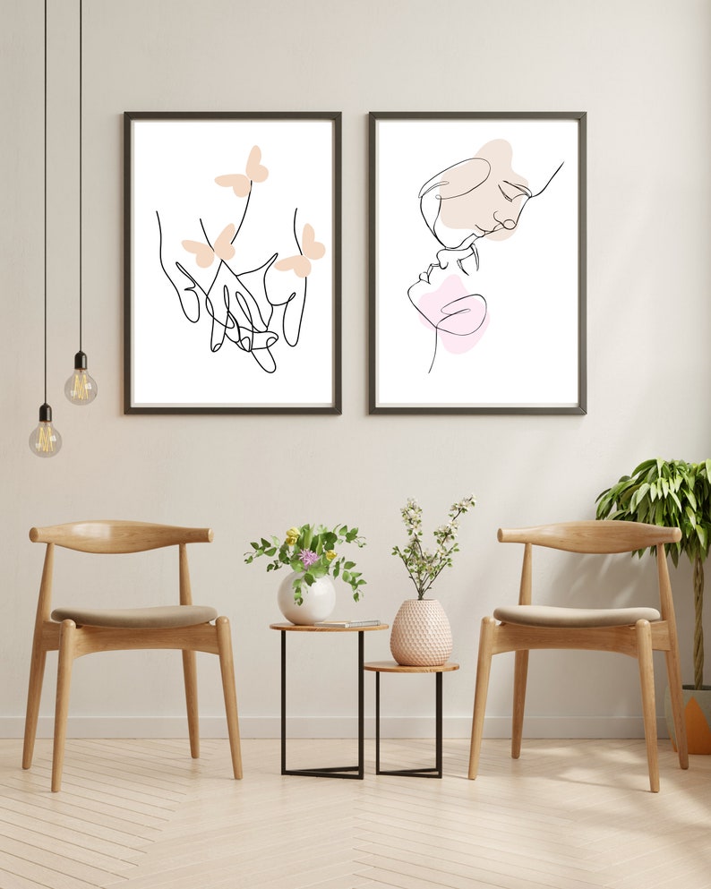 Couple Love Line Drawing Set of 3. Hands, Face, Kiss Print .abstract ...