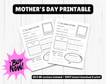 All About My Mom, Mother's Day Printable, Gift for Mom, Fill in the ...