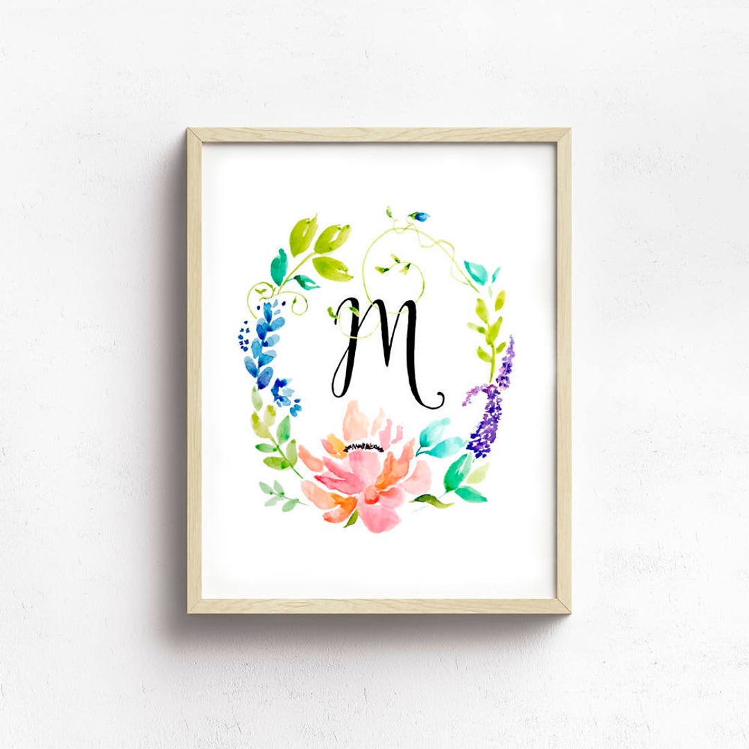 Personalized Floral Initial Watercolor Wreath, Flower Watercolor ...