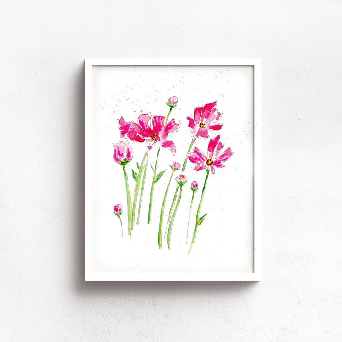 Cosmos Flowers Pen and Ink Watercolor Print Pink and Green | Etsy