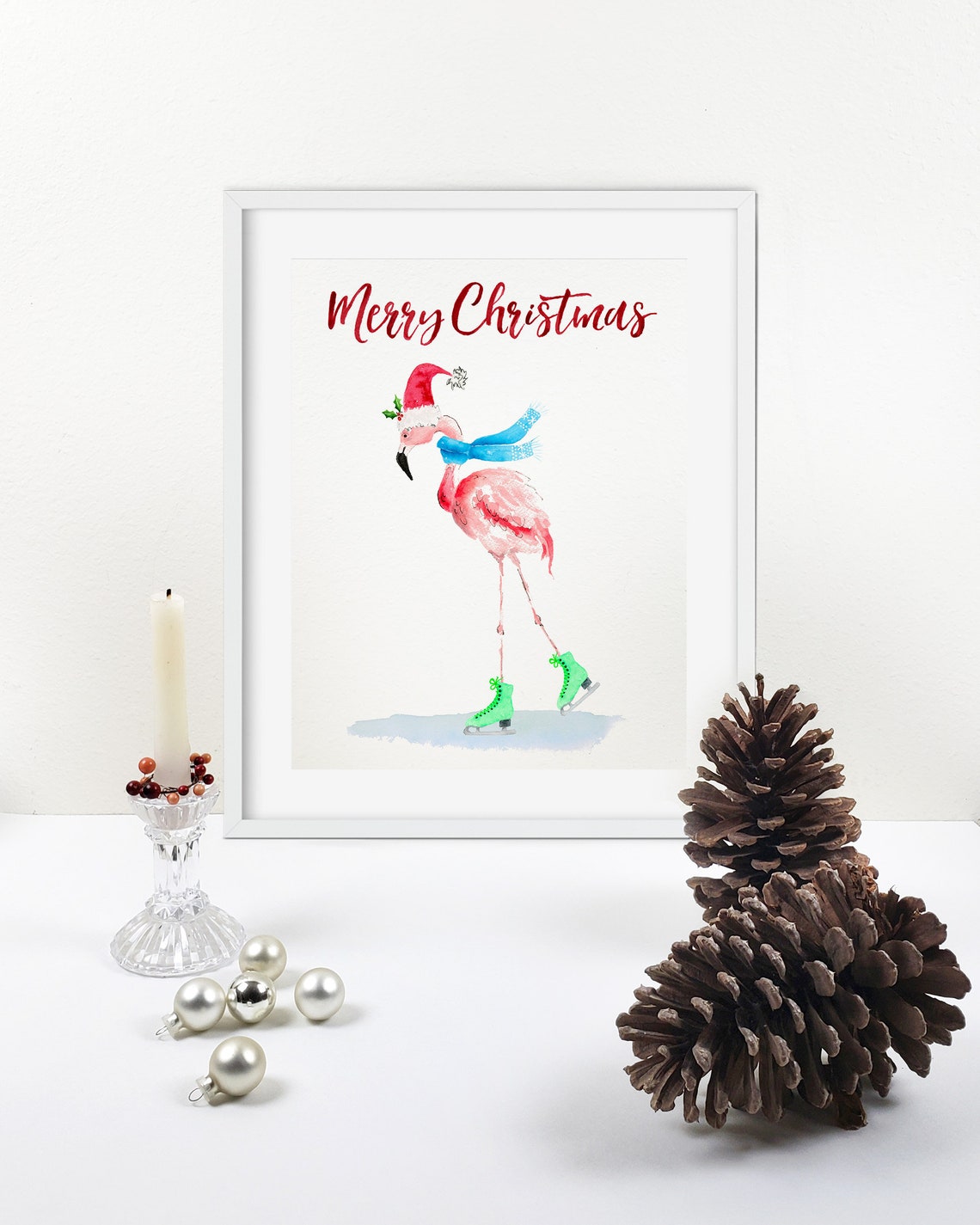 Christmas Flamingo Wall Art Print Flamingo Skating Christmas | Etsy