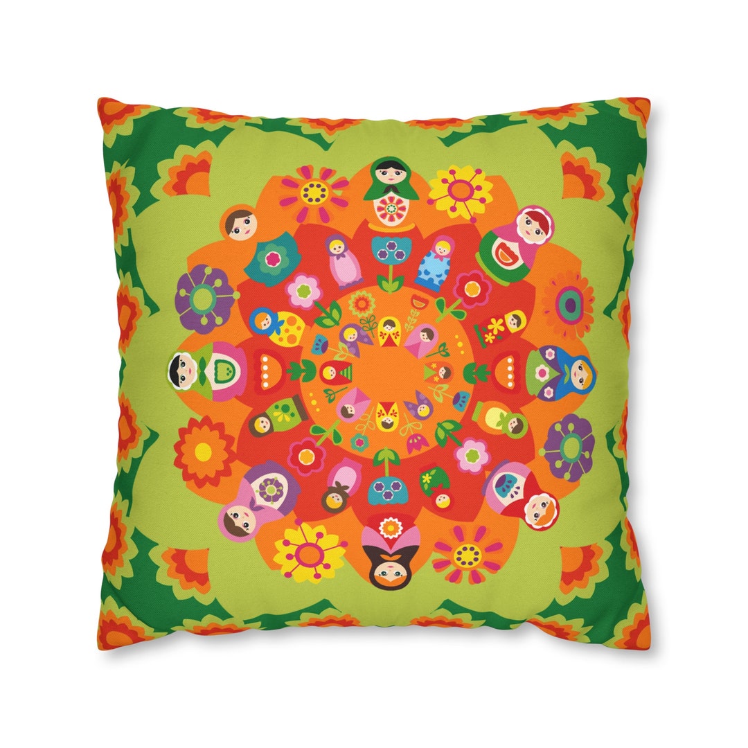 Square Pillow Case / Green and Orange Flowers / Russian Nesting Dolls ...