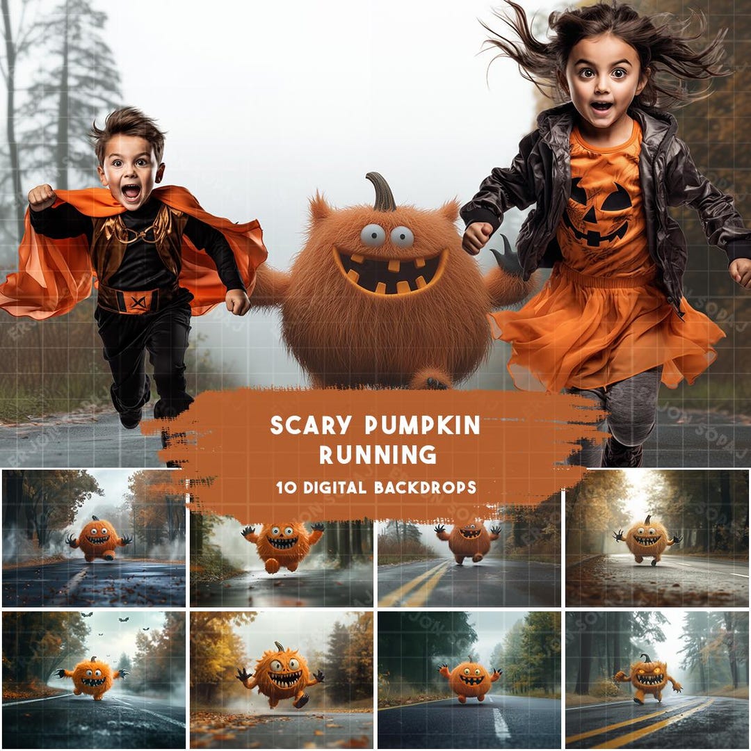10 Scary Pumpkin Running on Autumn Road, Halloween Digital Backdrop ...