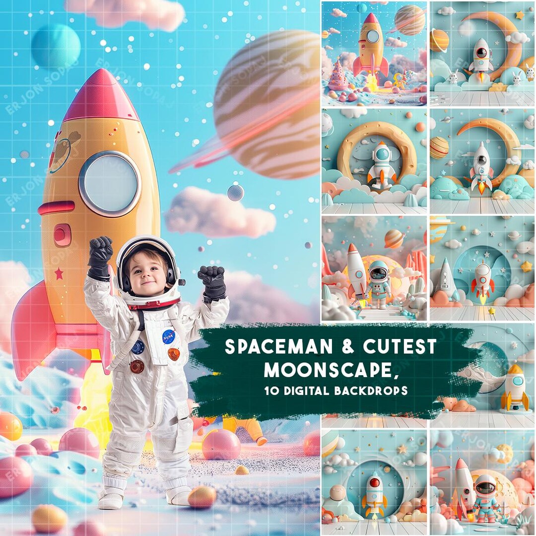 Spaceman & Cutest Moonscape, Space Studio Digital Backdrop, Rocket Ship ...