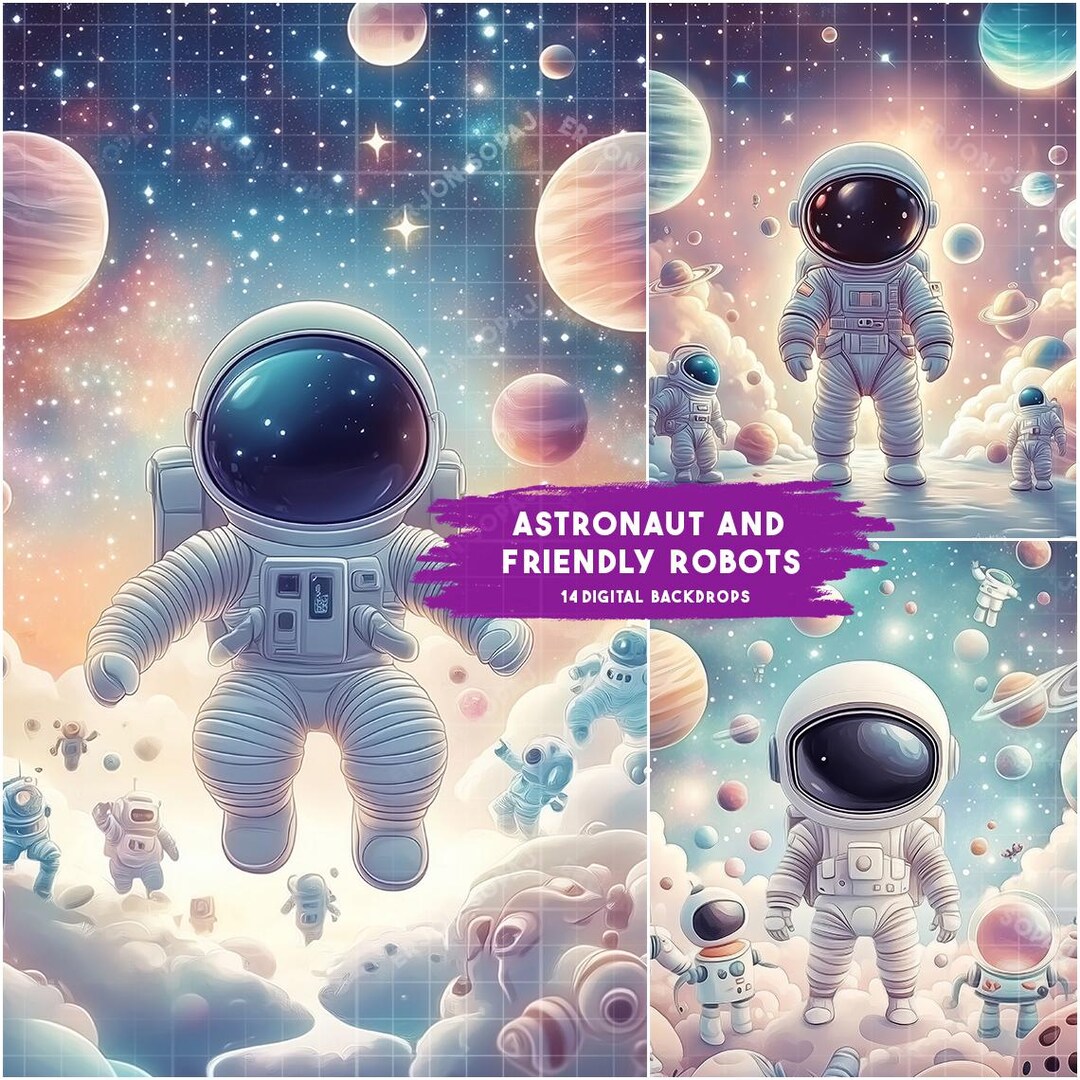 Astronaut and Friendly Robots, Spaceman & Moonscape, Space Studio ...