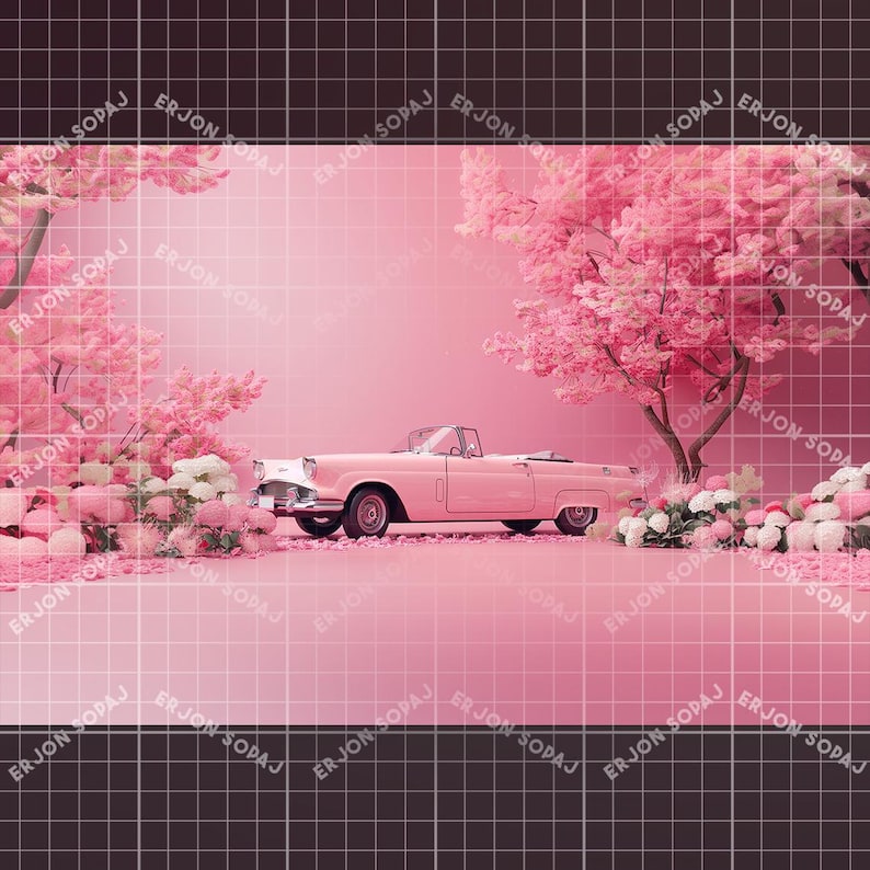Pink Vintage Car Digital Backdrop, Spring Blossoms, Floral Photography ...