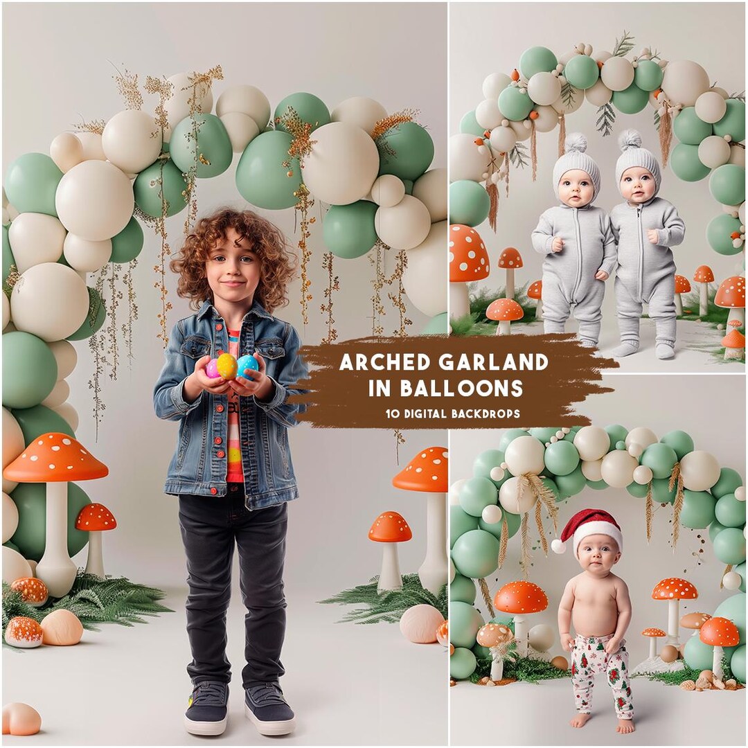 Arched Garland in Balloons, Balloon Arch Digital Backdrop, Green and ...