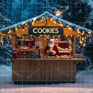 Santa's Hot Cocoa Stand, Christmas Market Scene, Festive Holiday Digital Backdrop, Snowy Winter ...