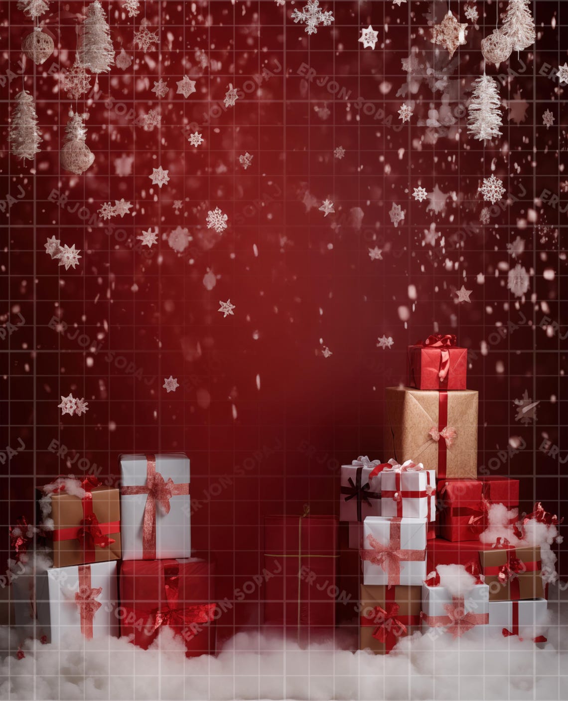 Red Christmas Backdrop, Holiday Digital Background, Snowy Gift Boxes ...