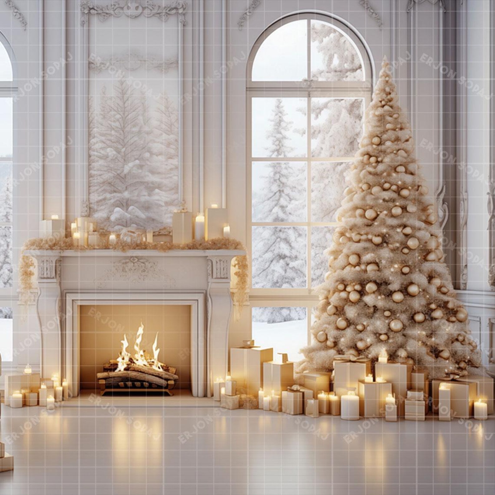 Digital Christmas Background, Elegant Christmas Living Room, Snowy ...