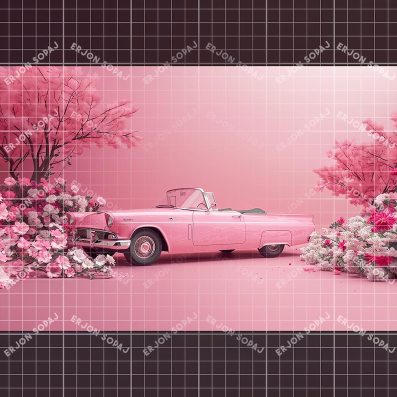 Pink Vintage Car Digital Backdrop, Spring Blossoms, Floral Photography ...