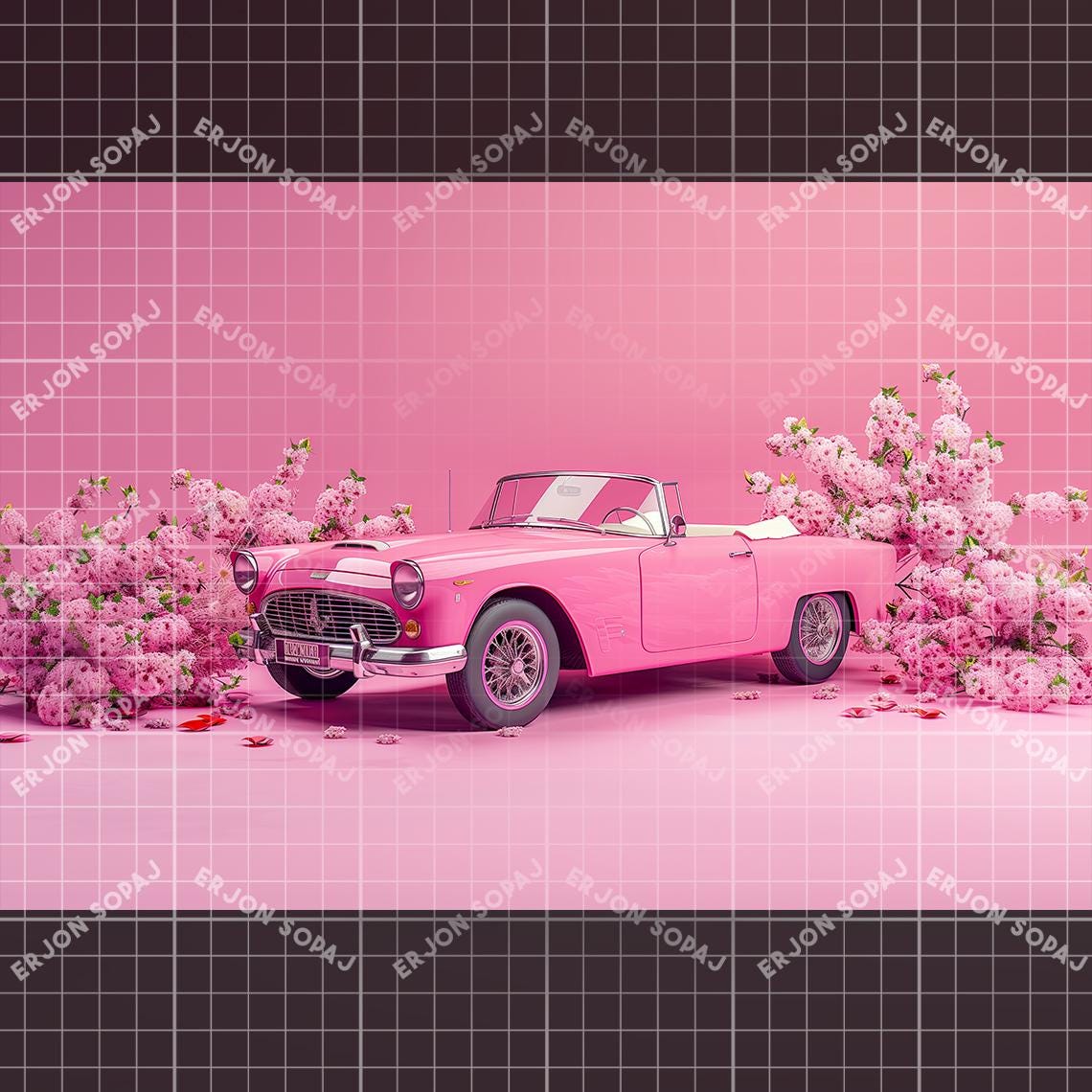 Pink Vintage Car Digital Backdrop, Spring Blossoms, Floral Photography ...