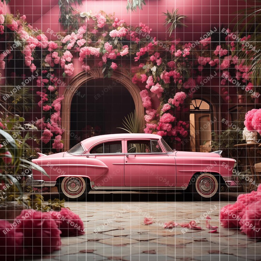 Vintage Pink Car Digital Background, Floral Courtyard, Romantic Digital ...