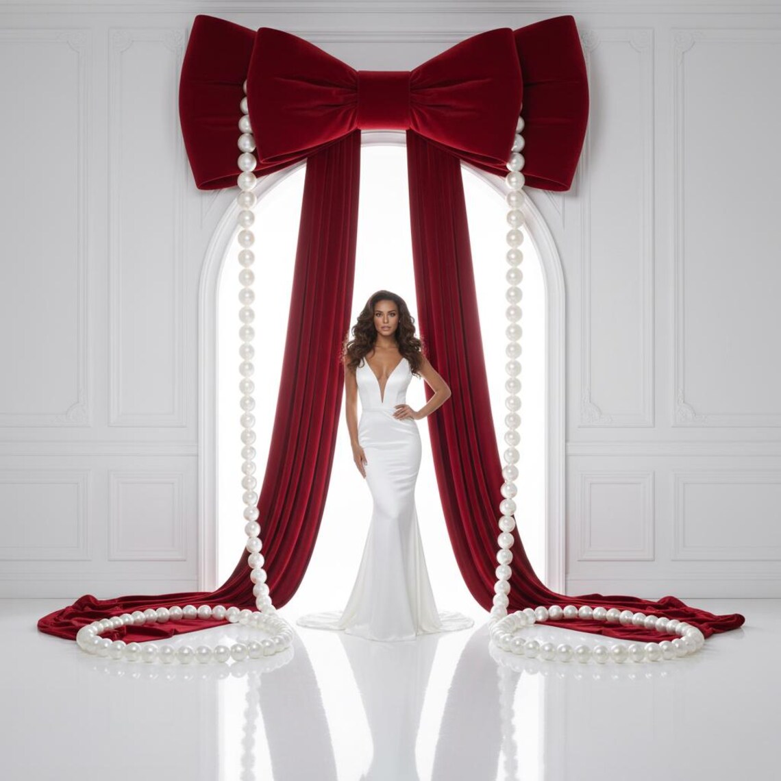 Red Velvet Bow Garland Digital Backdrop, Elegant Studio Background ...