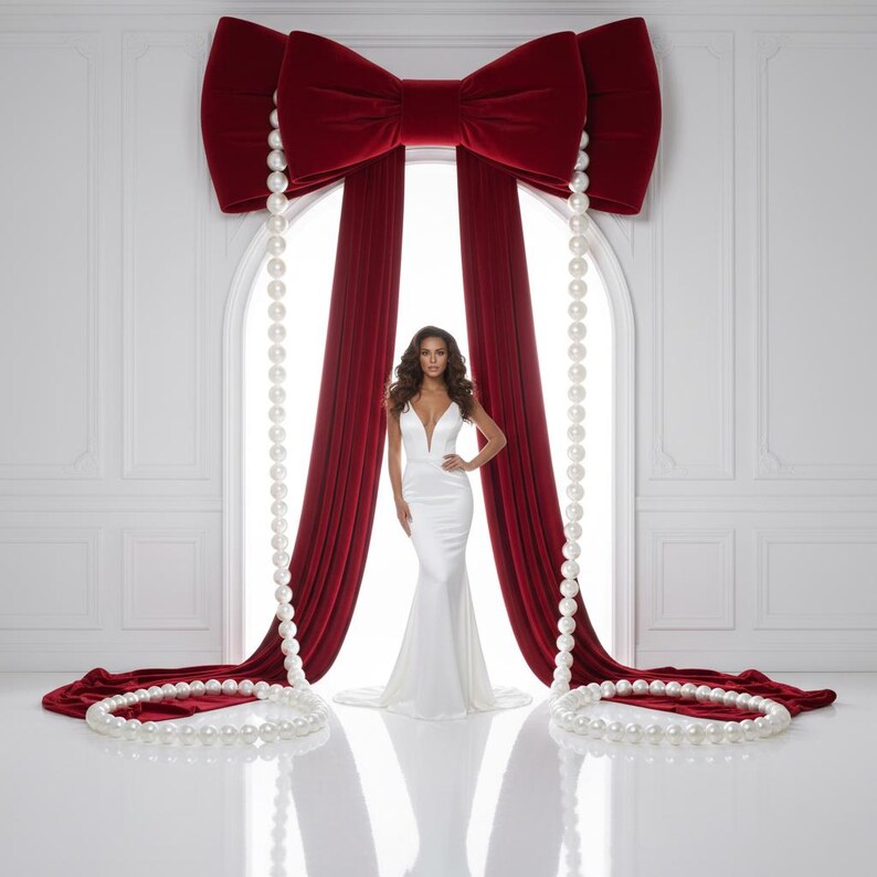 Red Velvet Bow Garland Digital Backdrop, Elegant Studio Background ...